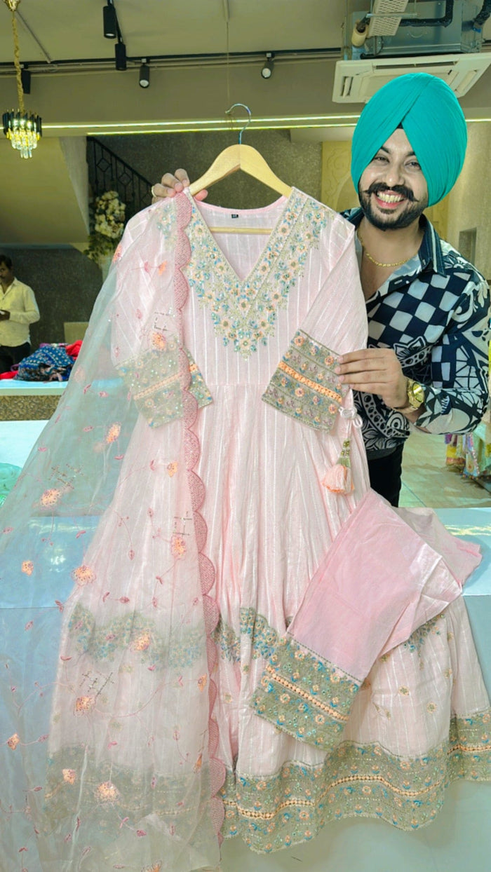 Light pink V-neck Pure cotton Embroidered Anarkali Suit with Beautiful