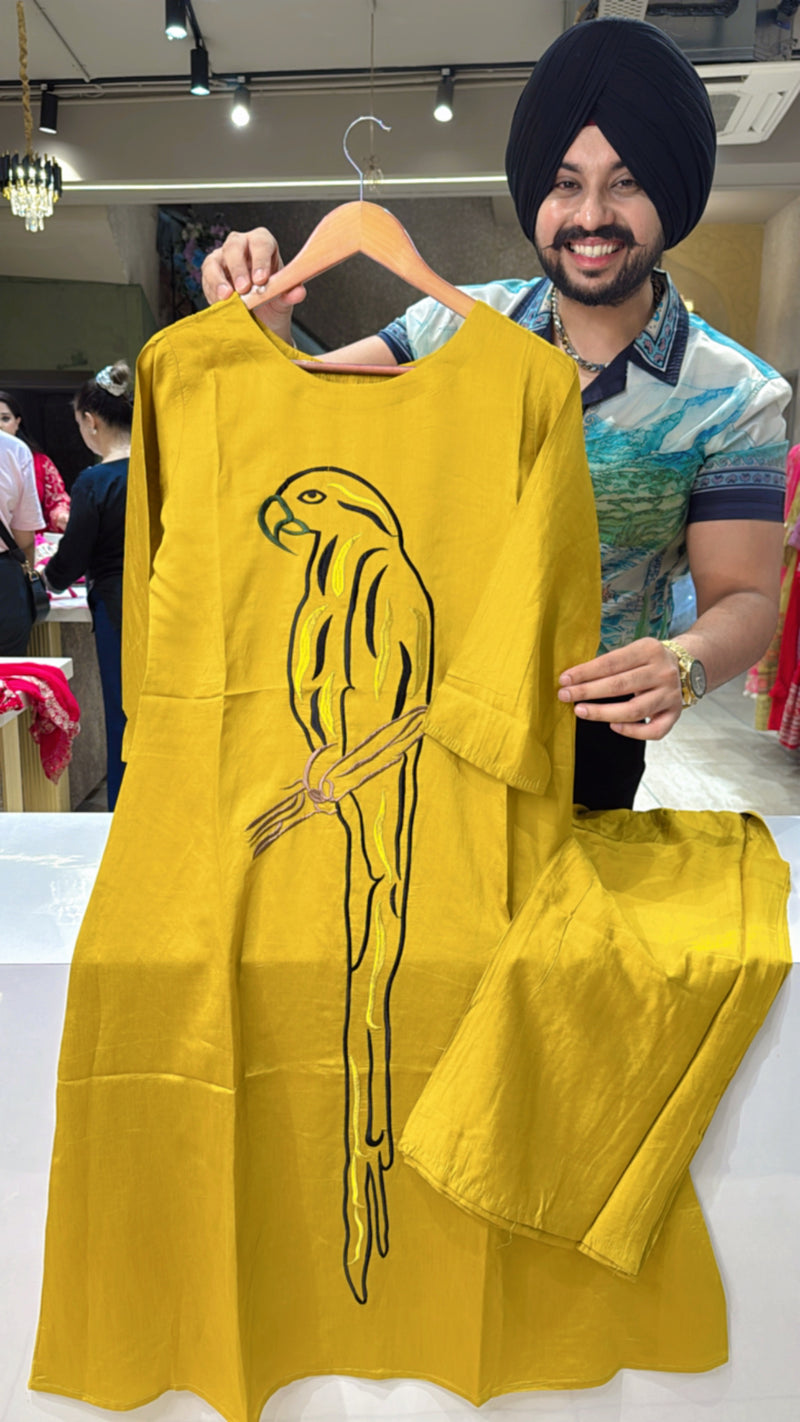 Goldenish Yellow Soft Silk A-line Parrot Embroidered Coord set