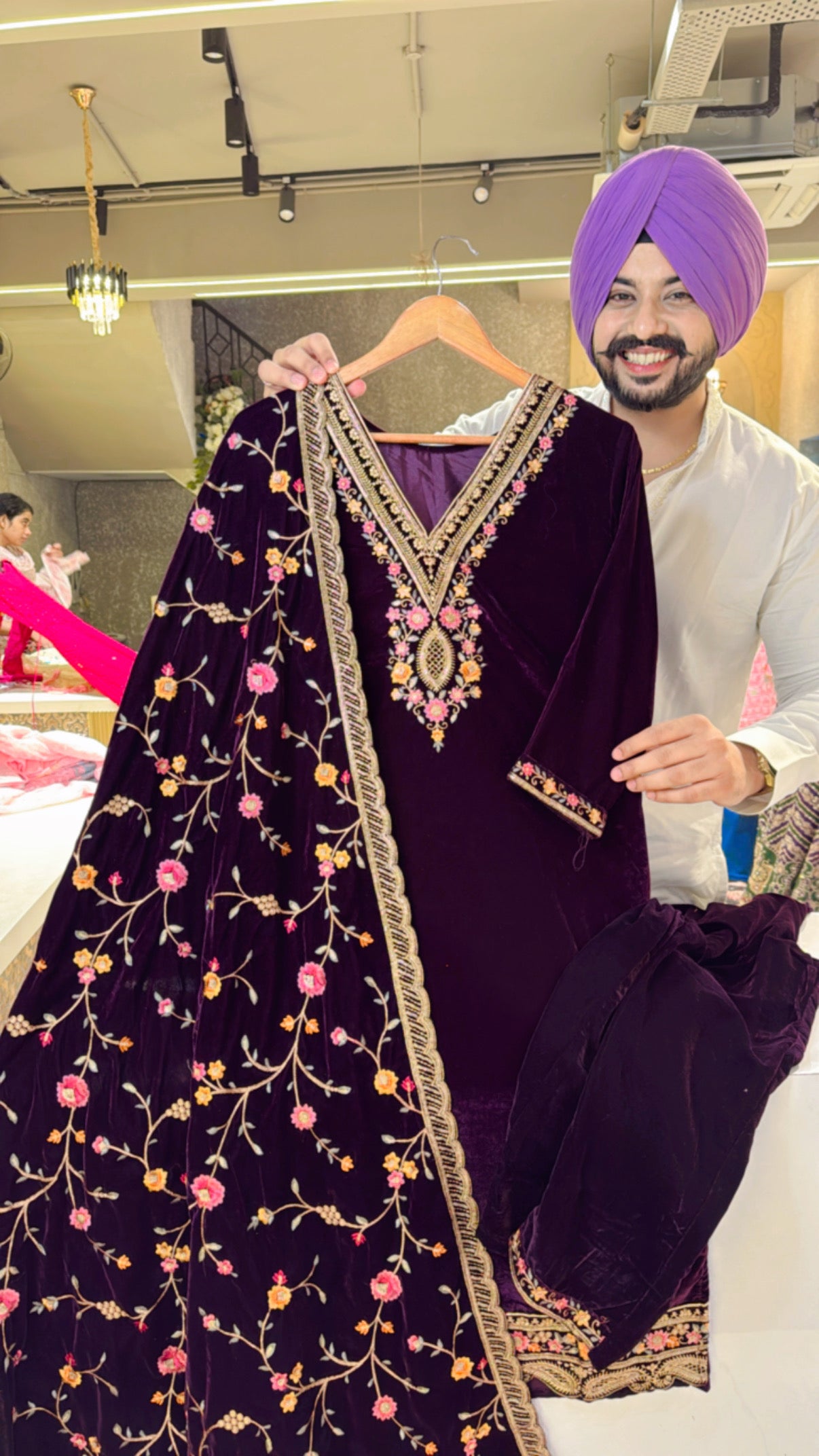 Wine Velvet Pakistani Suit with Heavy Embroidered Duppata