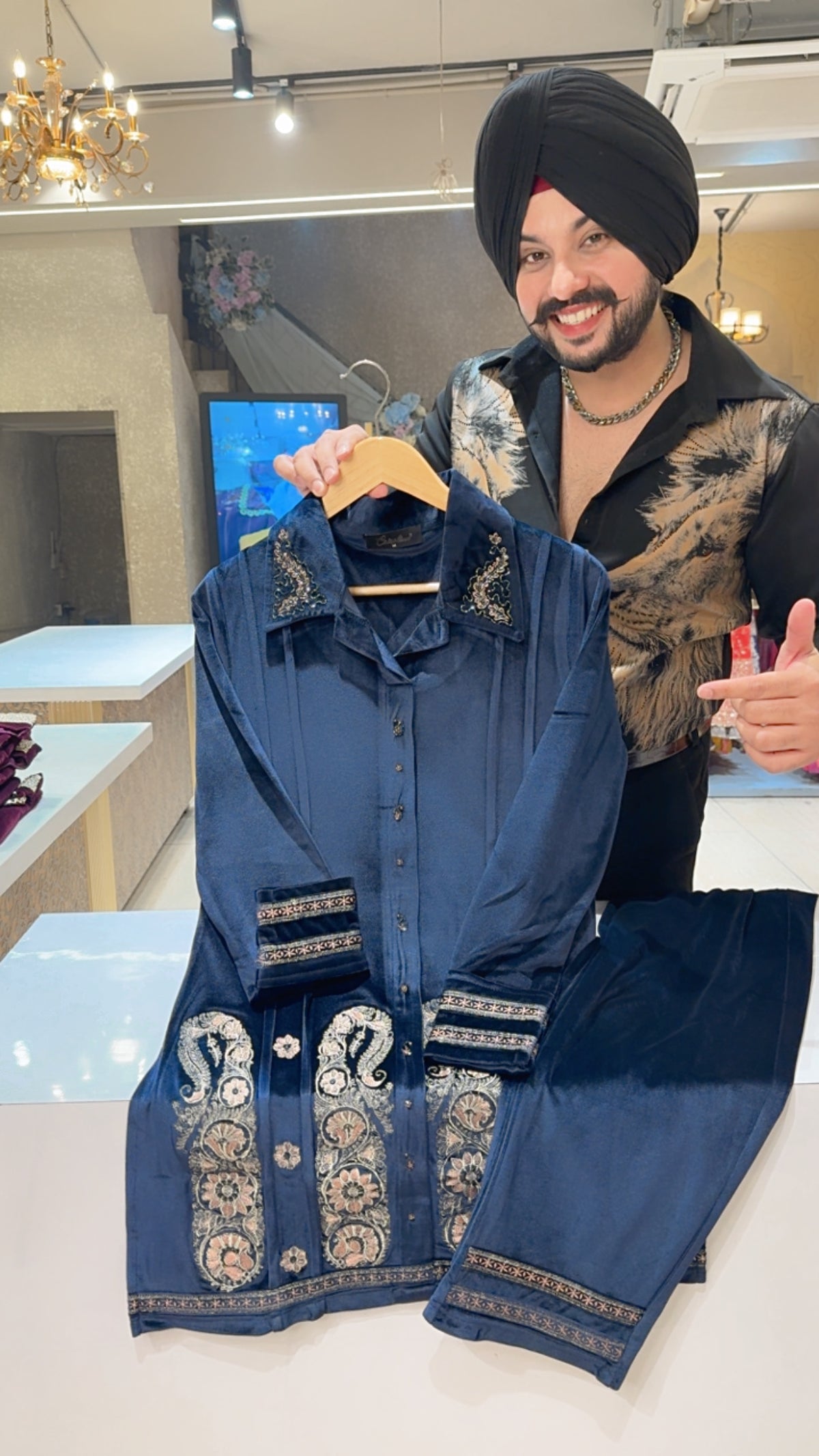 Navy Blue Heavy Stretchable Velvet Party Wear Collar Neck Embroidered