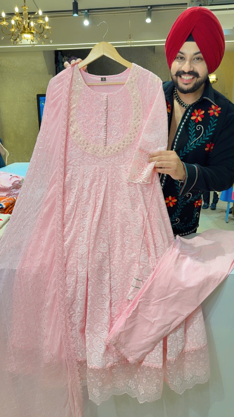 Baby Pink Georgette Self Embroidered Full Flair Anarkali Suit with Seq