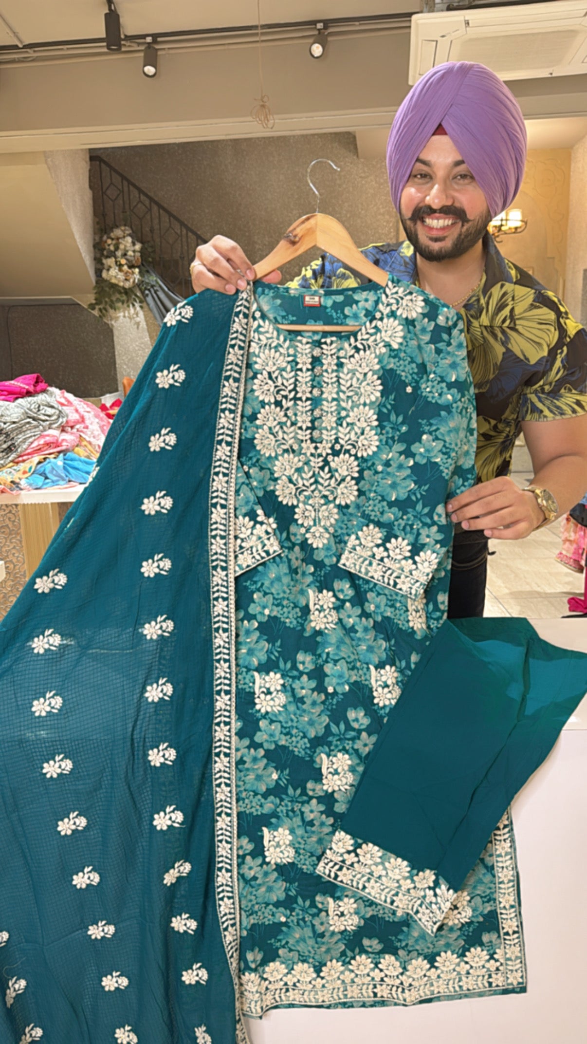 Dark Rama Green Pure Cotton heavy embroidered Suit with Kota Doria Emb