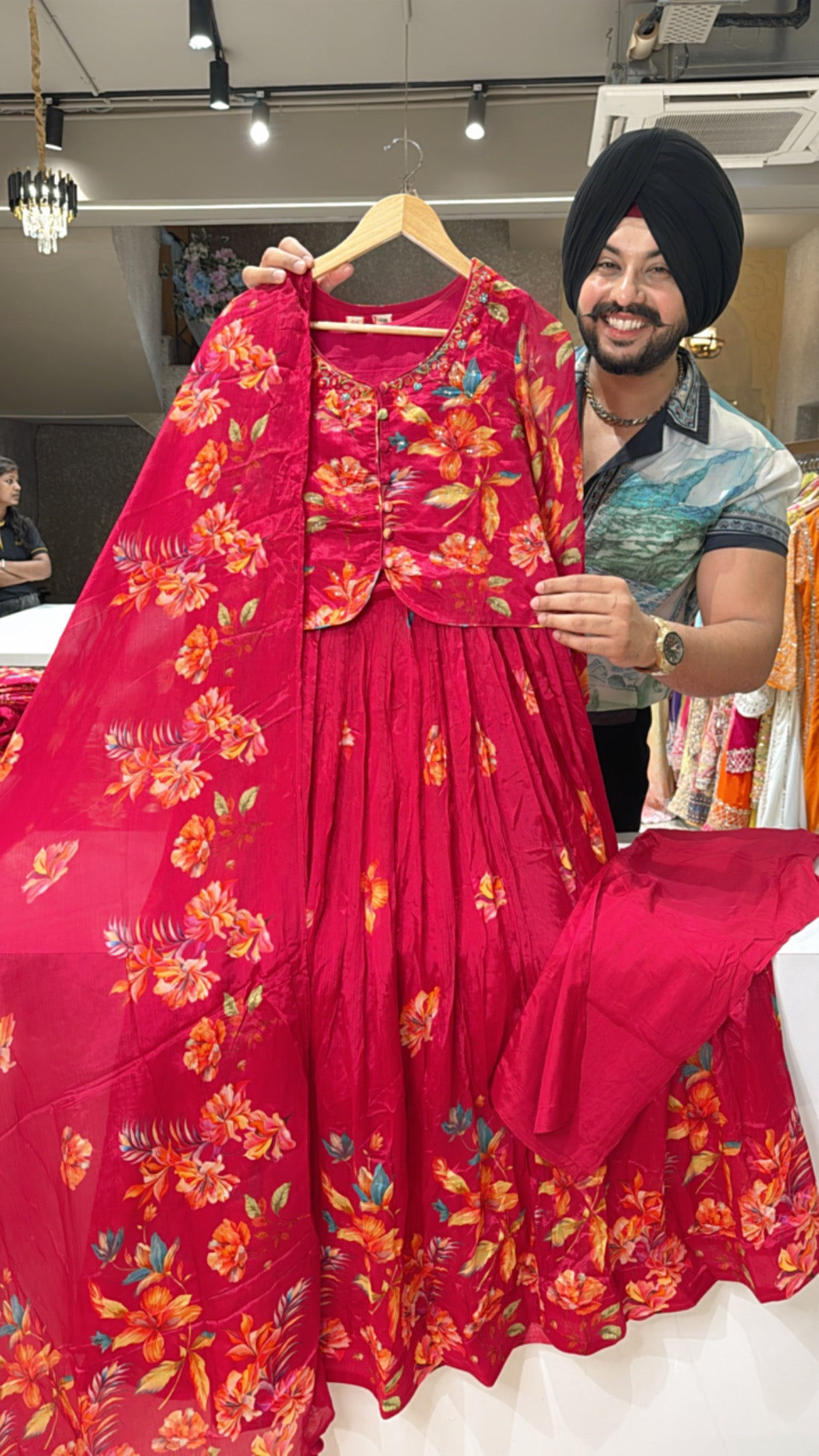 Anaari pink Chinon Floral Print Full Flair Anarkali Suit with Beautifu