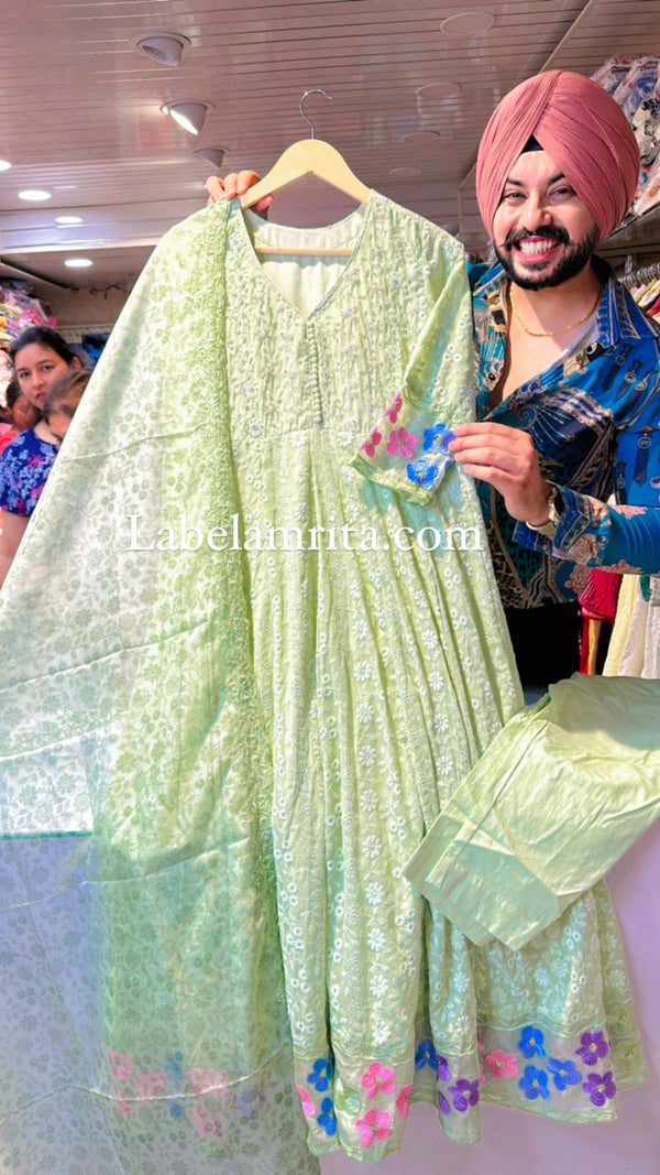 Light Green Georgette fully Embroidered Anarkali suit with beautiful C