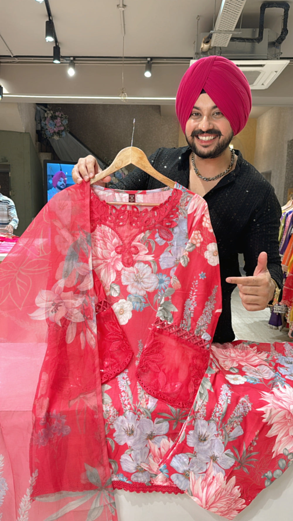 Vibrant Gajri Cotton Floral Print Farshi Salwar Set with Designer Neck