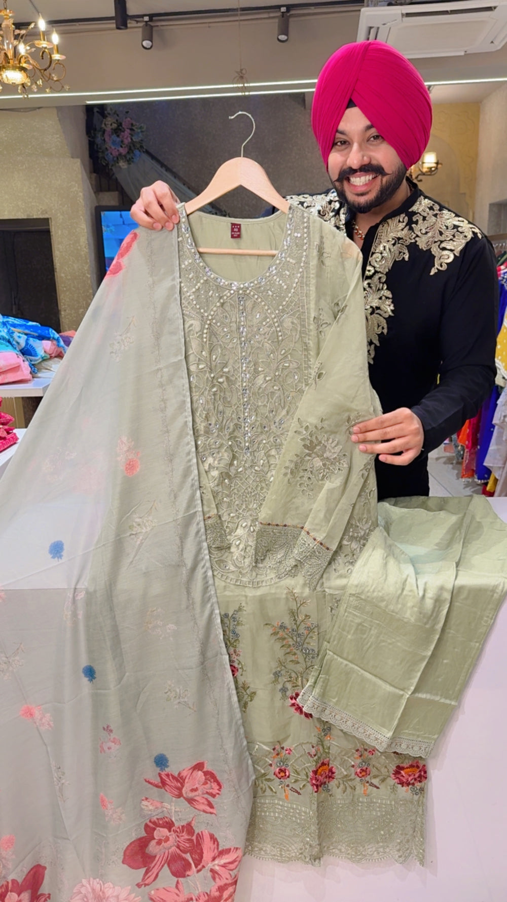 Light Pista Soft Organza Heavy Embroidered & Cut Work Long Length part