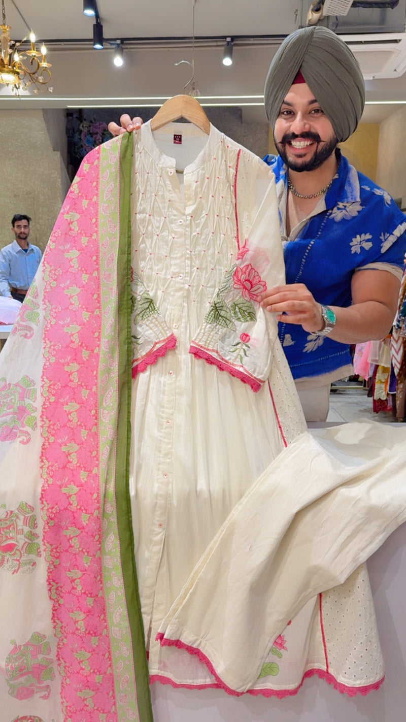 Off White Mal Cotton Embroidered & Shifli Work A-Line Indowestern suit