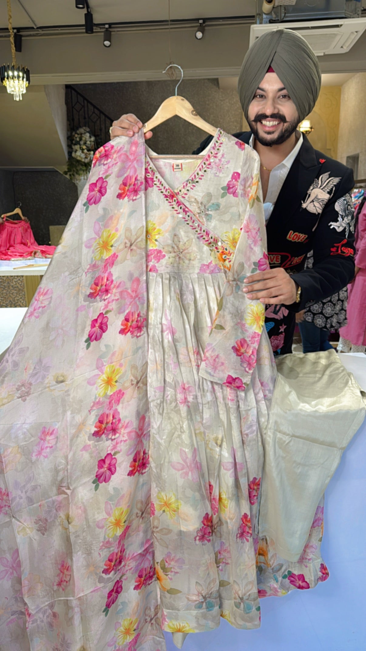 Light Beige Viscose Crepe Floral Print Girish Angrakha Anarkali suit w