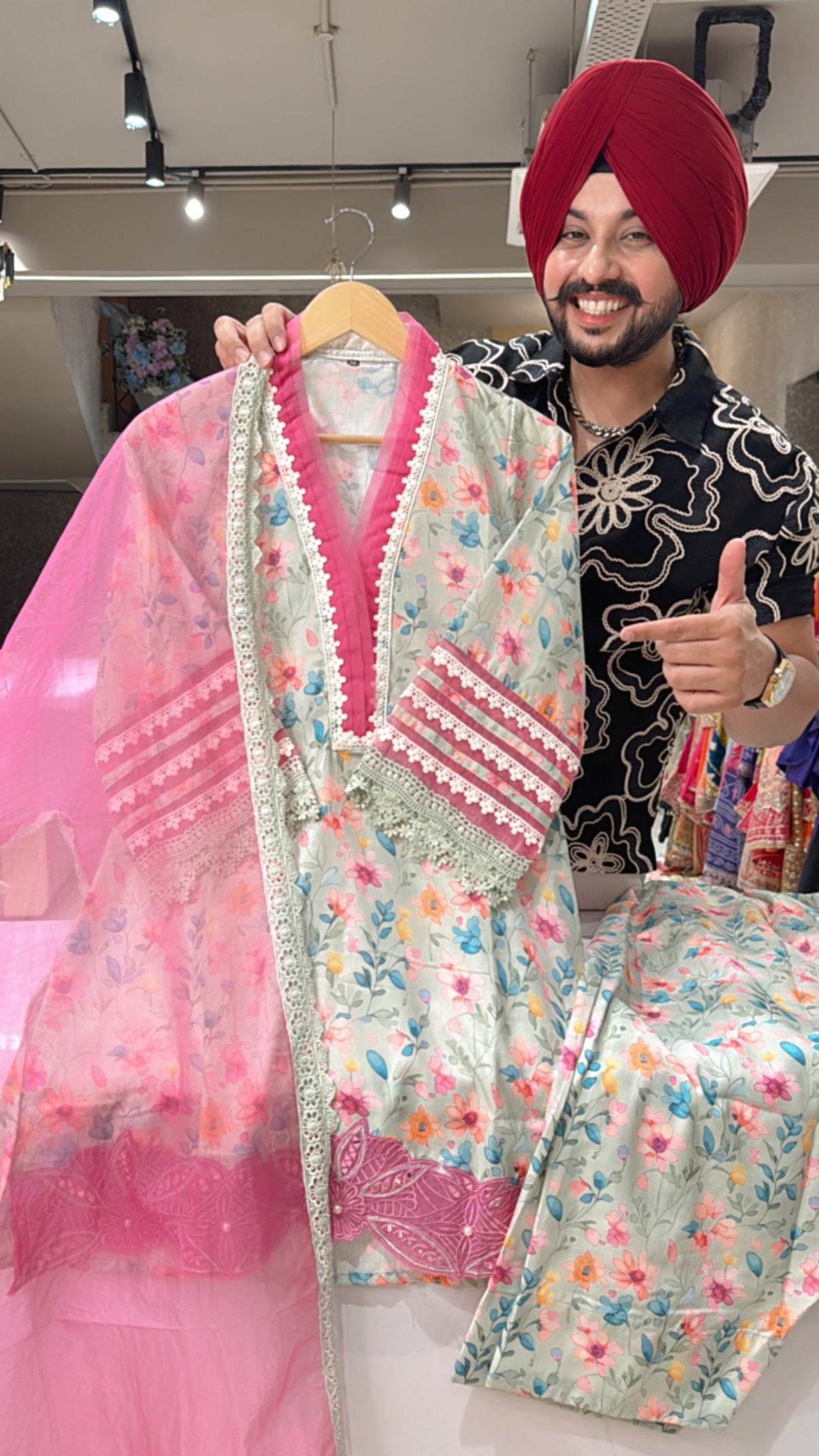 Pink & Multicolored Lenin Floral print Farshi Salwar Indo Western suit