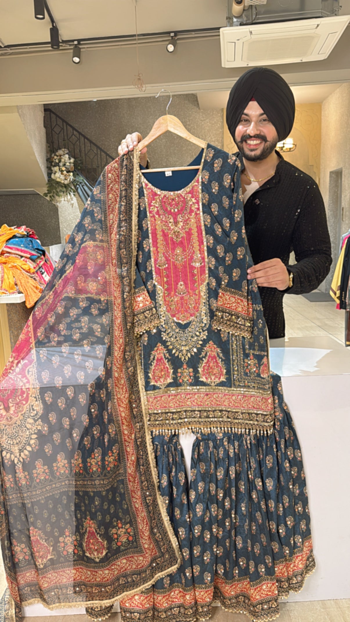 Ink Blue Crepe Heavy Hand Embroidered Garara suit with Beautiful Duppa