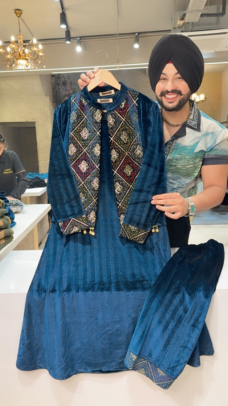 Teel Blue Strechable Velvet long Length A-line Coord set with Heavy em