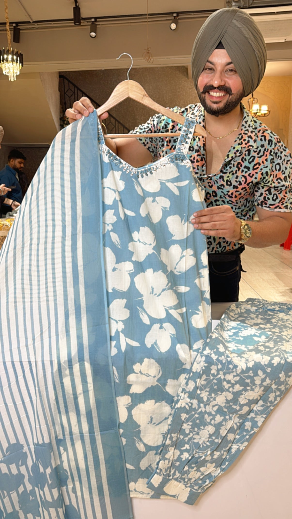 Light blue Cotton Strap Sleeves Pathani Suit with Mirror Work on neck