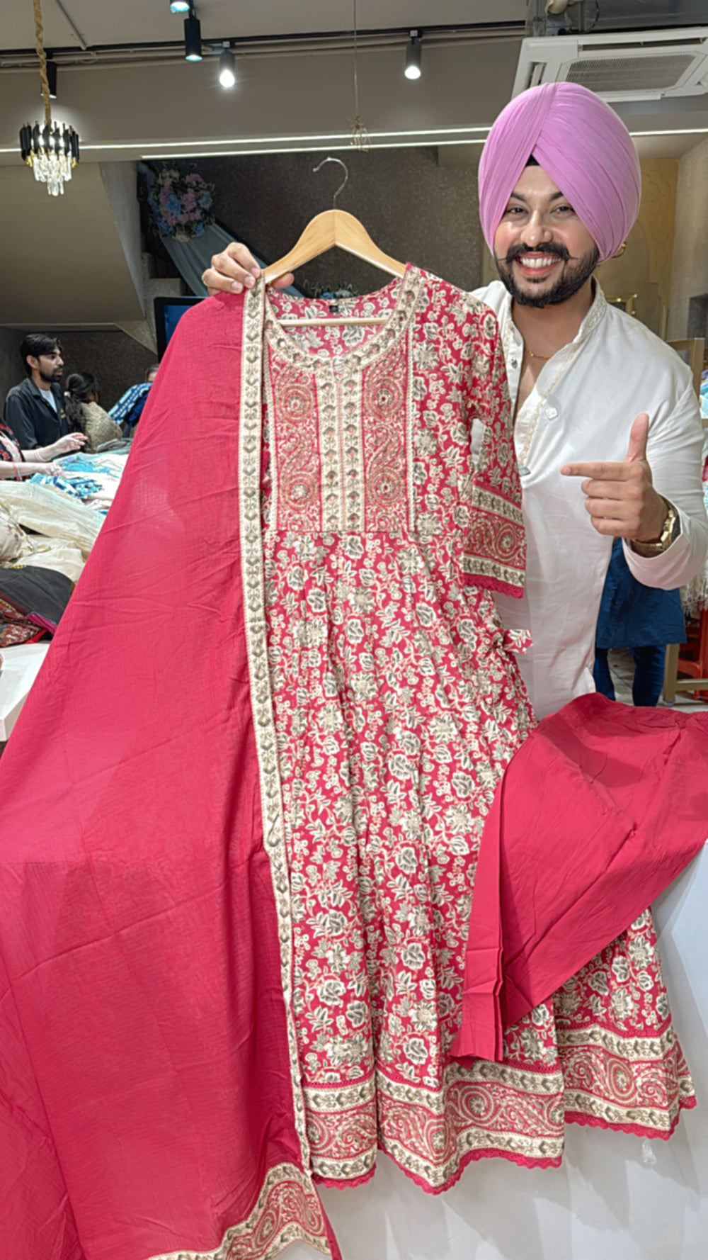 Gajri pink Pure Cotton Full Flair Anarkali Suit with Hand embroidery w