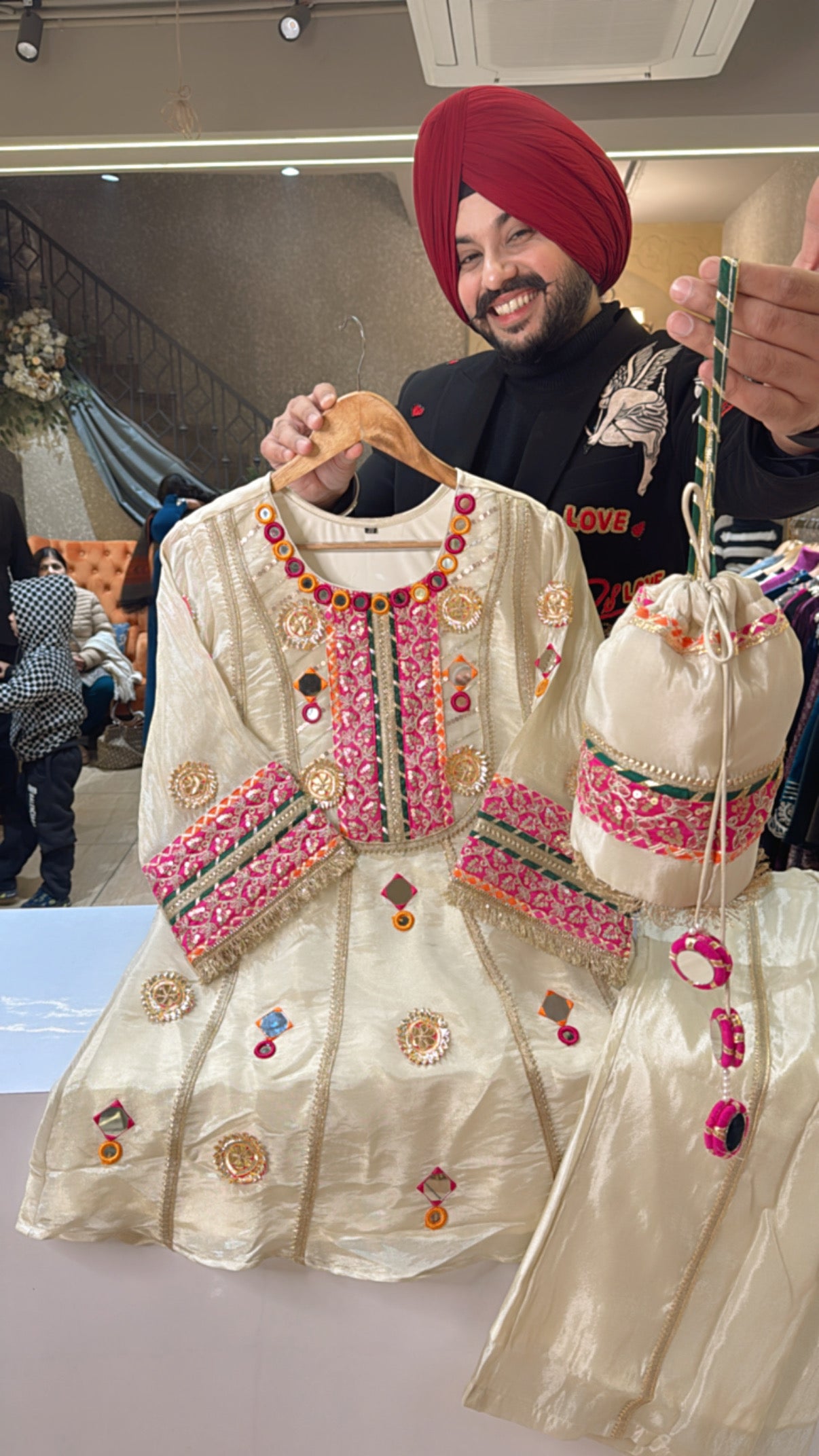 Off White Shimmer Silk Tissue Heavy embroidered Pakistani Paplum Bell