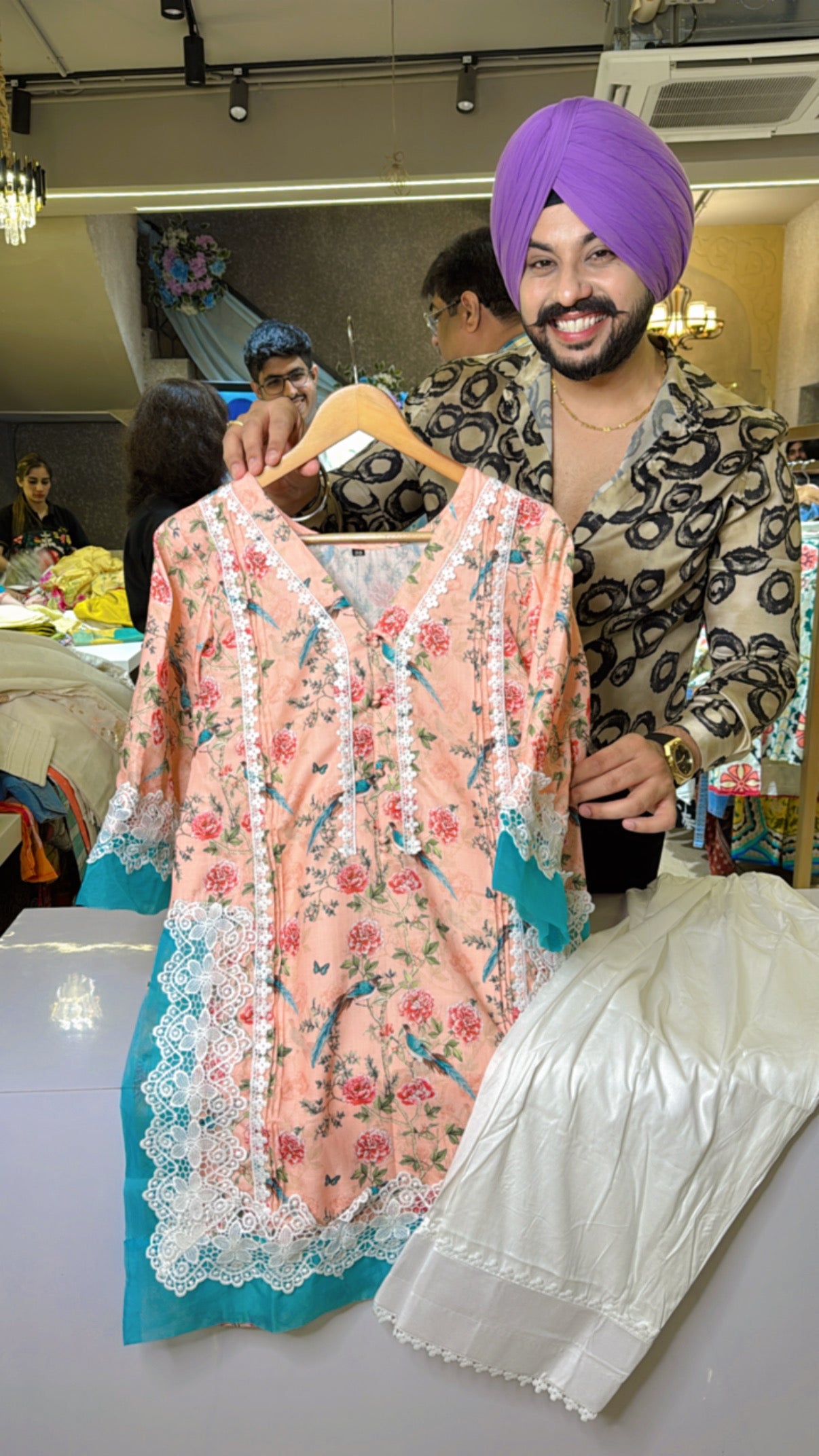 Peach Matka Cotton Floral Print Crochet work Farshi Salwar Set