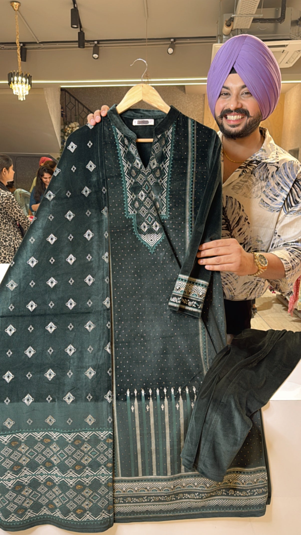 Dark Green Heavy Velvet Fully (Stretchable) Straight Suits with Beauti