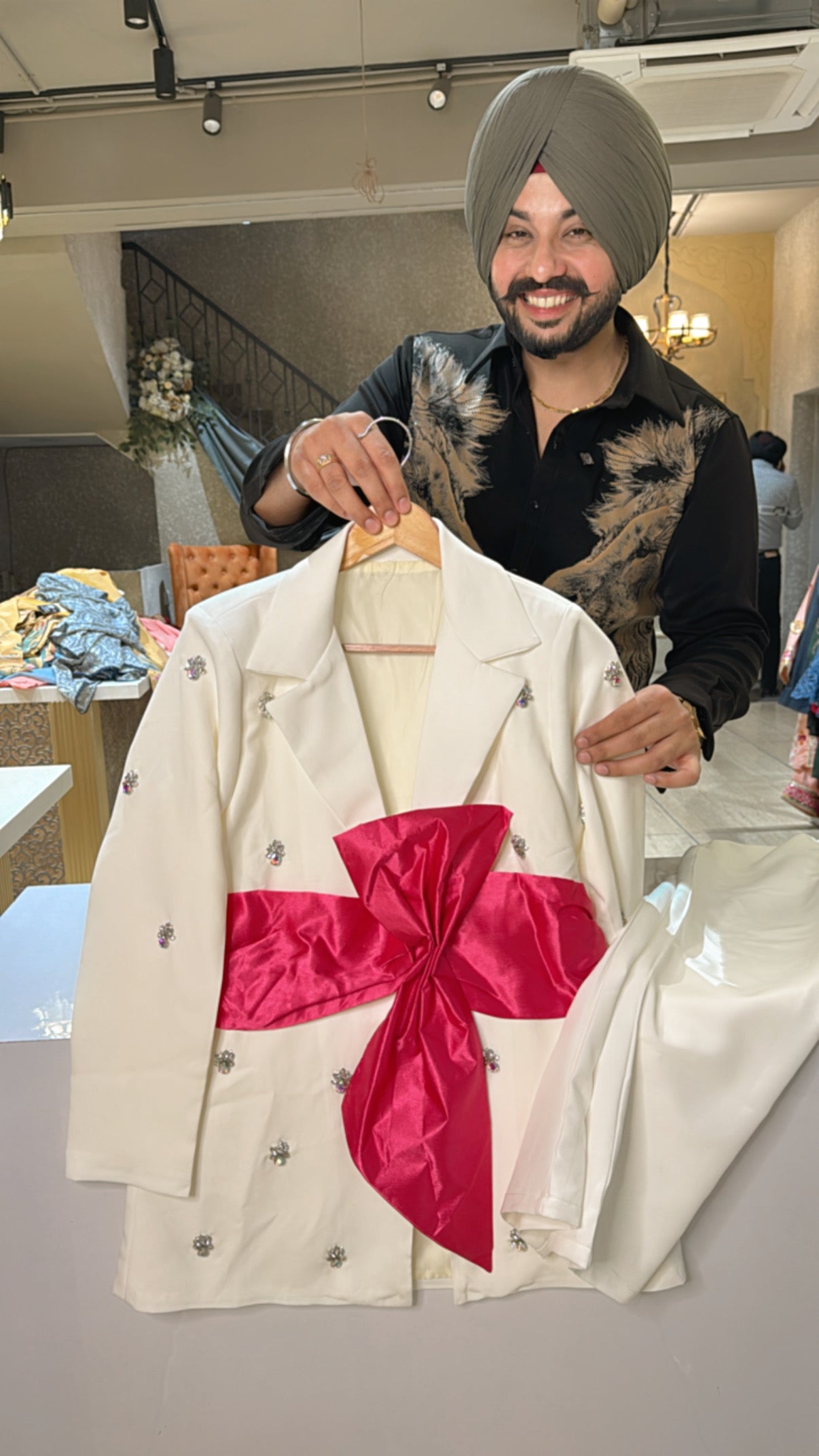 Moon White Heavy Stone Work Blazer Coord set with Stylish Bow on it in