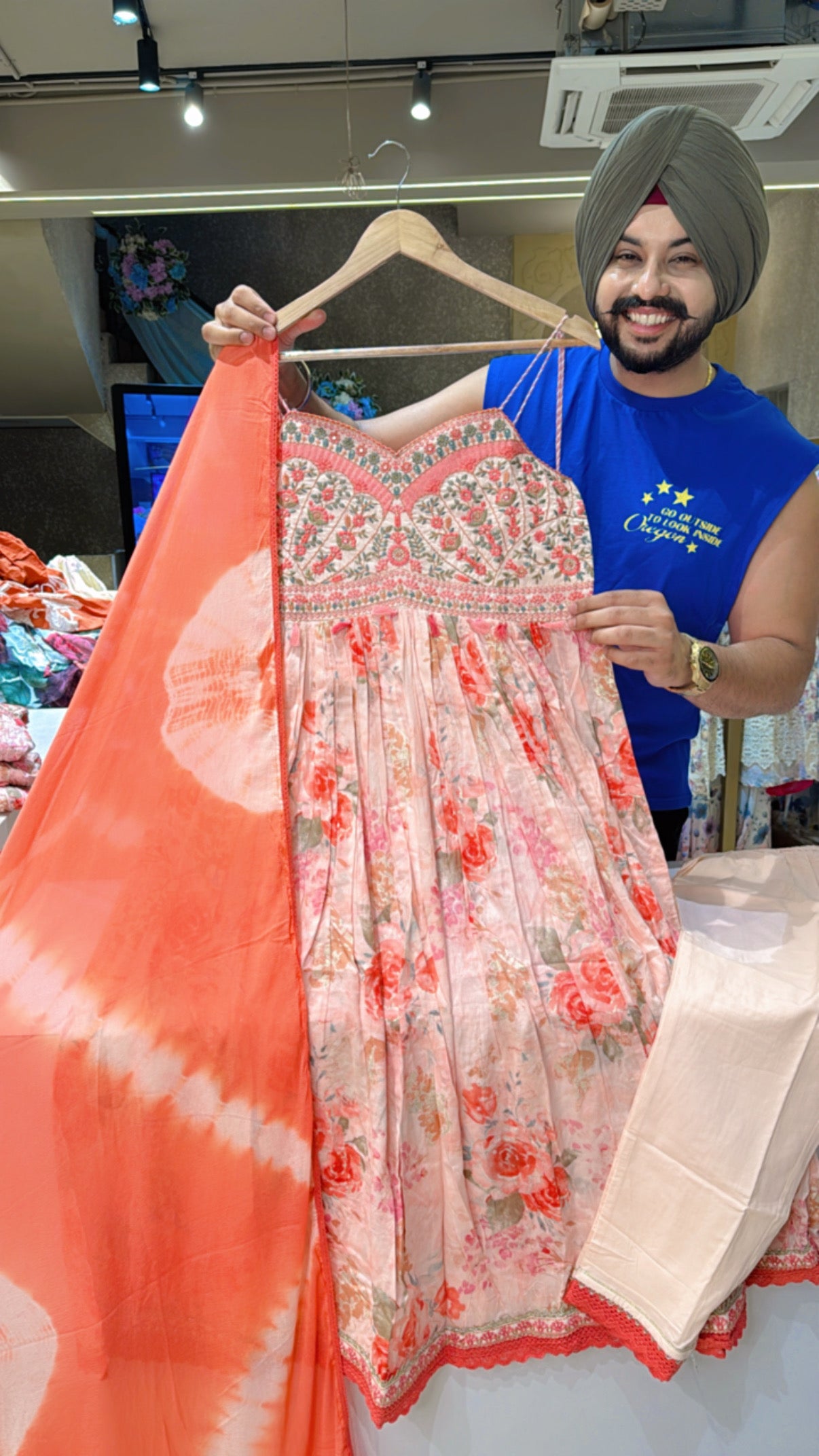 Light Pink & Gajri Noodle Sleeves Embroidered cotton Anarkali Suit wit