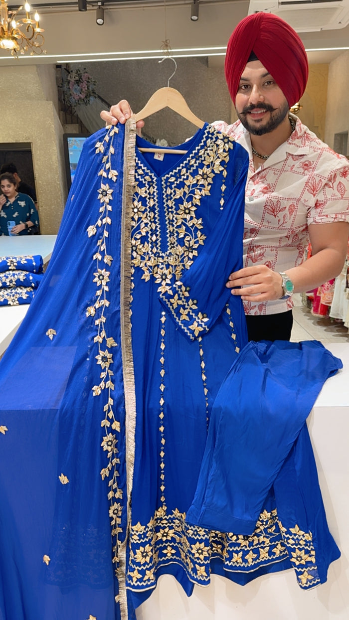 Royel blue premium Chinon Heavy Gotta & Mirror Work Party Wear Anarkal