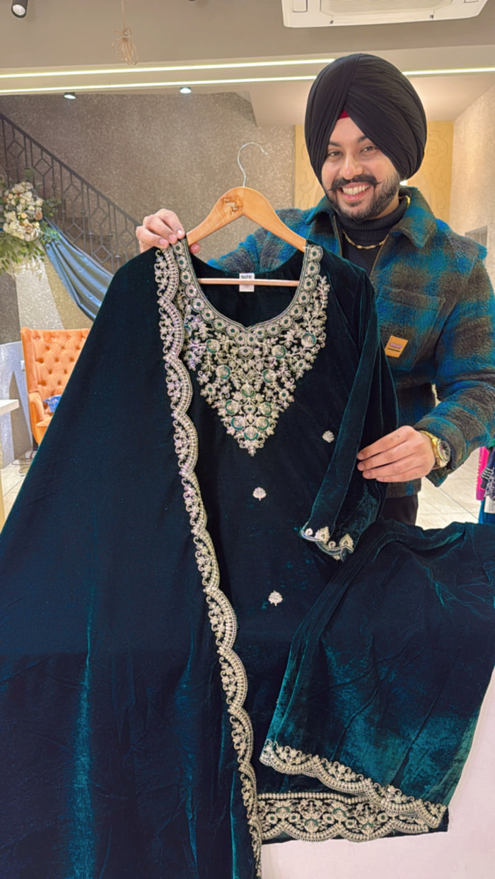 Bottle Green Premium Velvet Heavy embroidered Pakistani Plazo suit wit