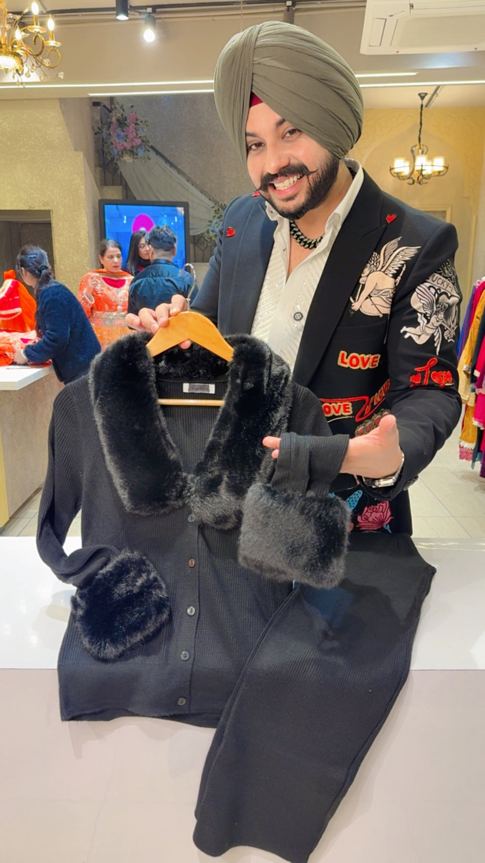Black Imported Woolen Western Coord set with Stylish Furr on Neck & sl