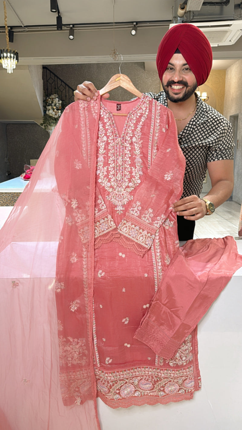 Gajri pink soft Crush Organza Heavy embroidered Pakistani Suit with or