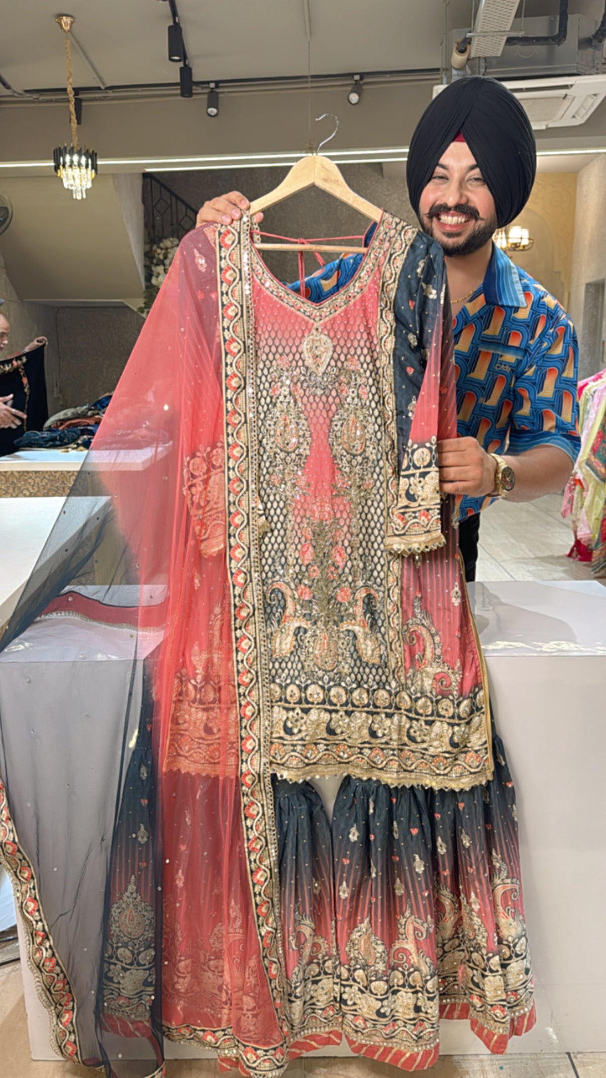 Grey & Gajri Crepe Heav Embroidered full Flair Garara Set with Beautif