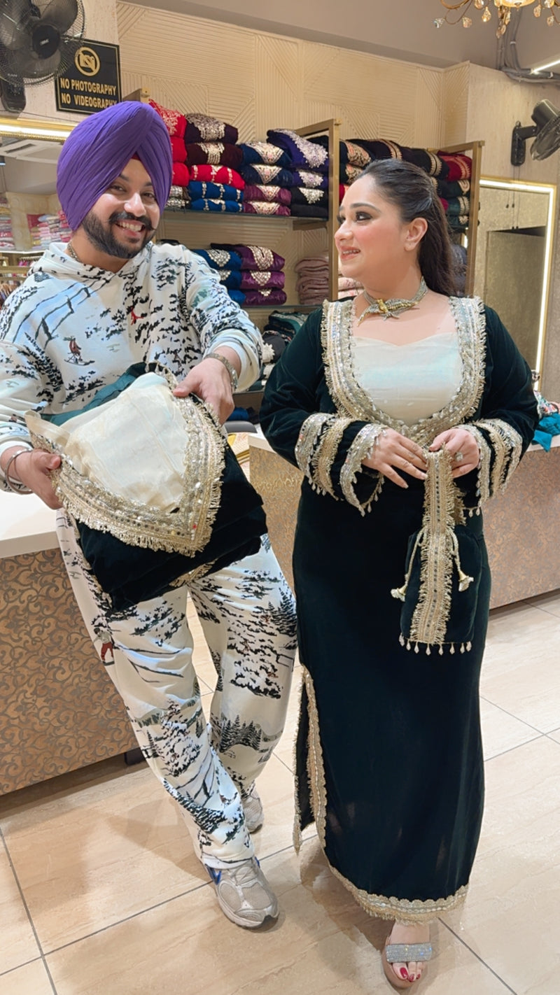 Dark Green Heavy Embroidered & Gotta Work Velvet Long Length Side Slit