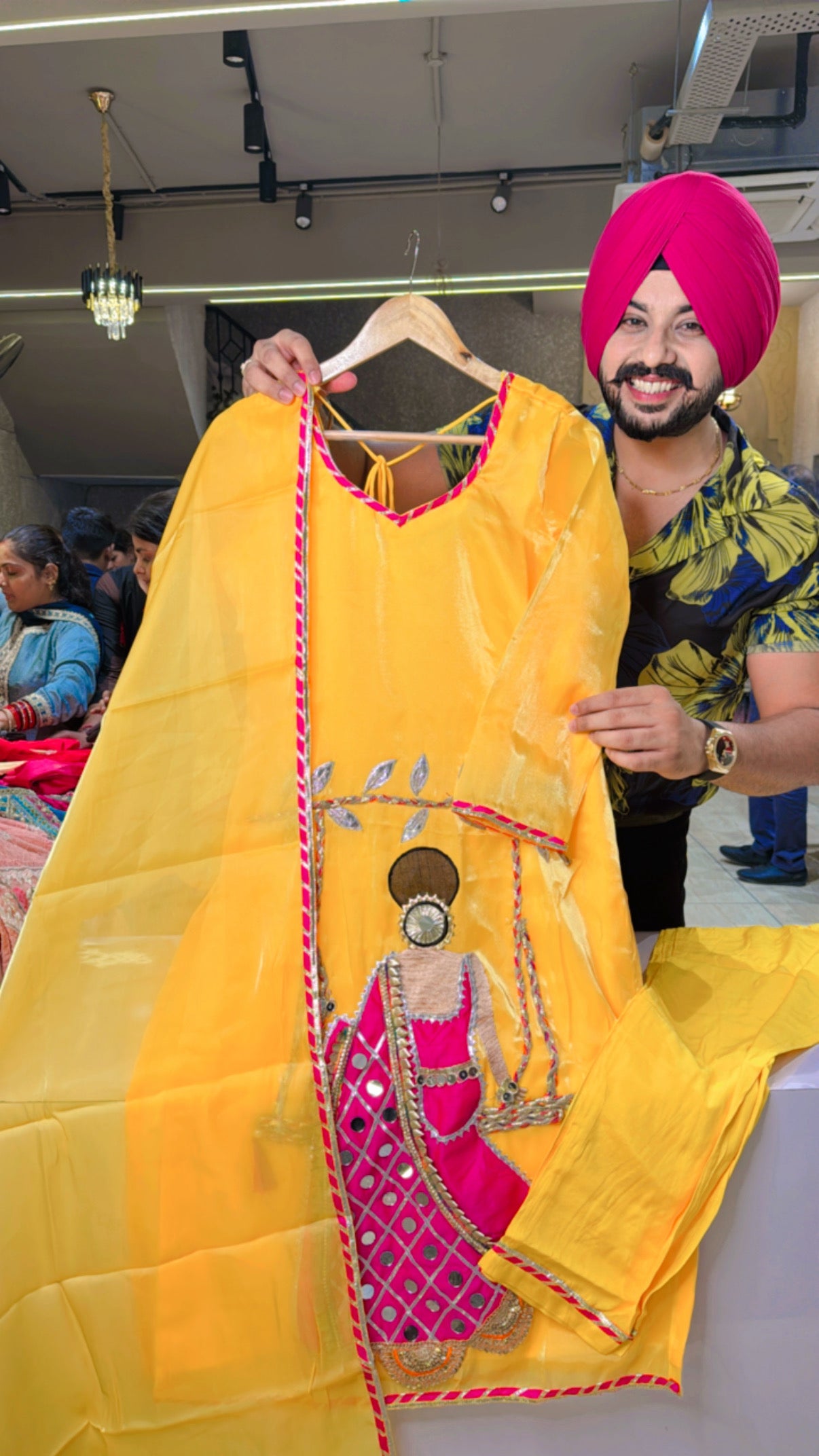 Yellow doll Embroidered Glass Shimmer Tissue Straight Suit