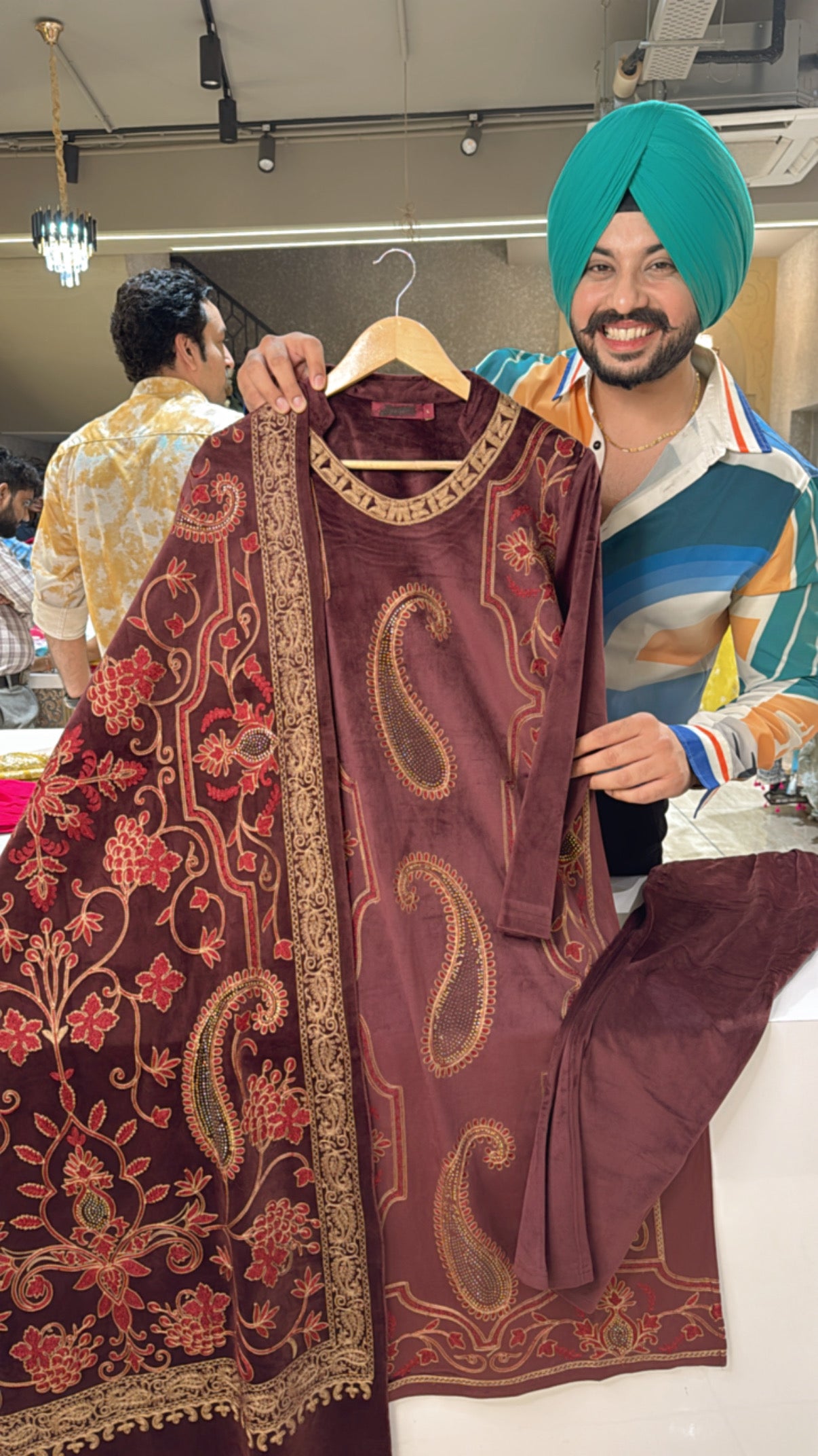 Winish Maroon Stretchable Velvet Embroidered Straight Suit with Heavu