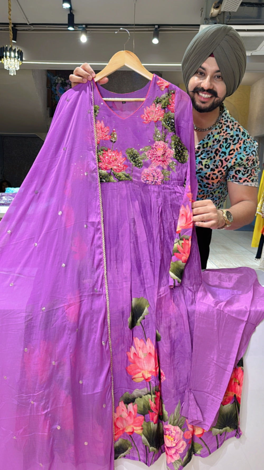 Purple Chinon Floral Print Full Flair Anarkali Suit with Beautiful Han