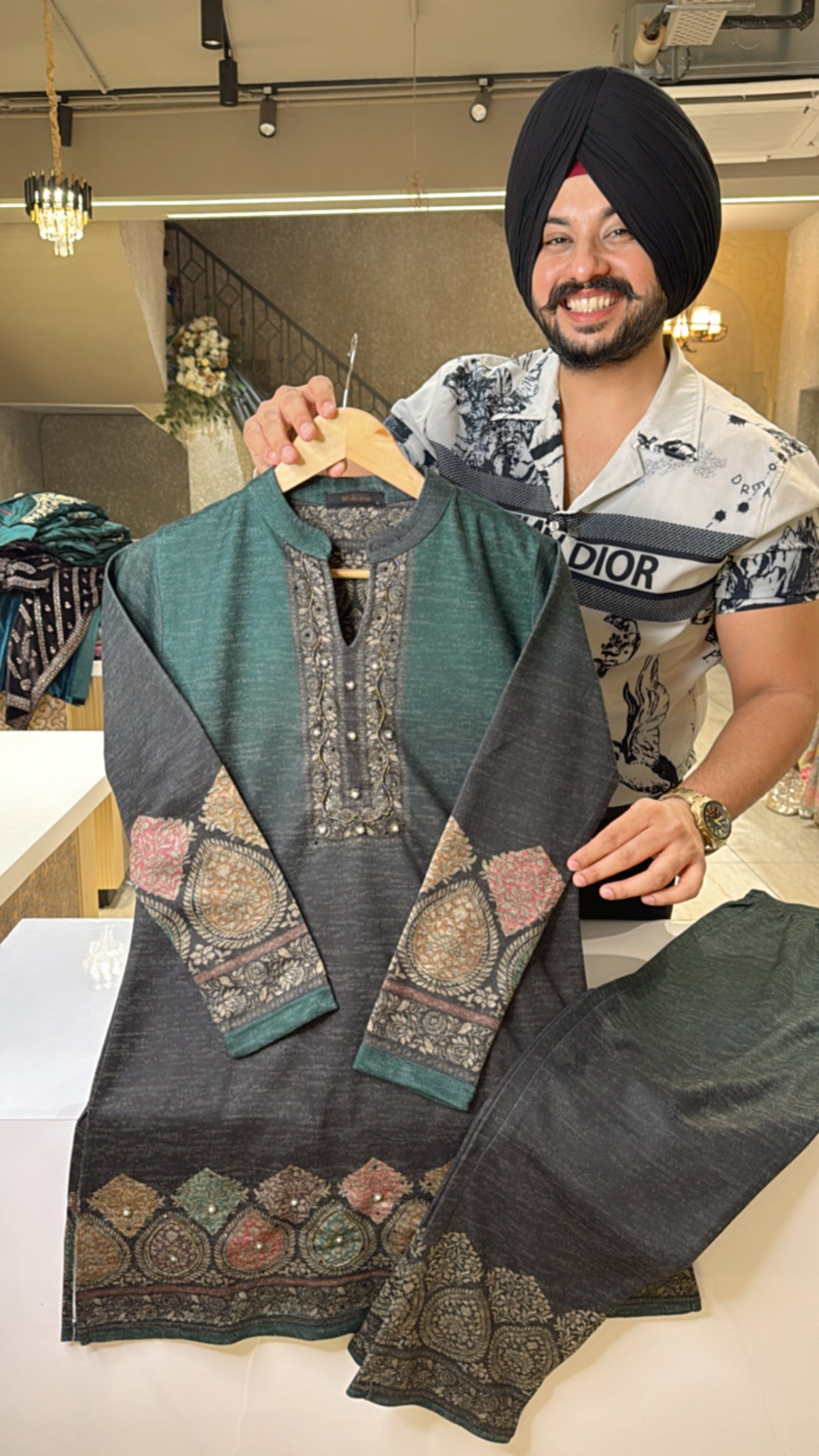 Rama Green & Grey Karachi Wool Office Wear Coord set