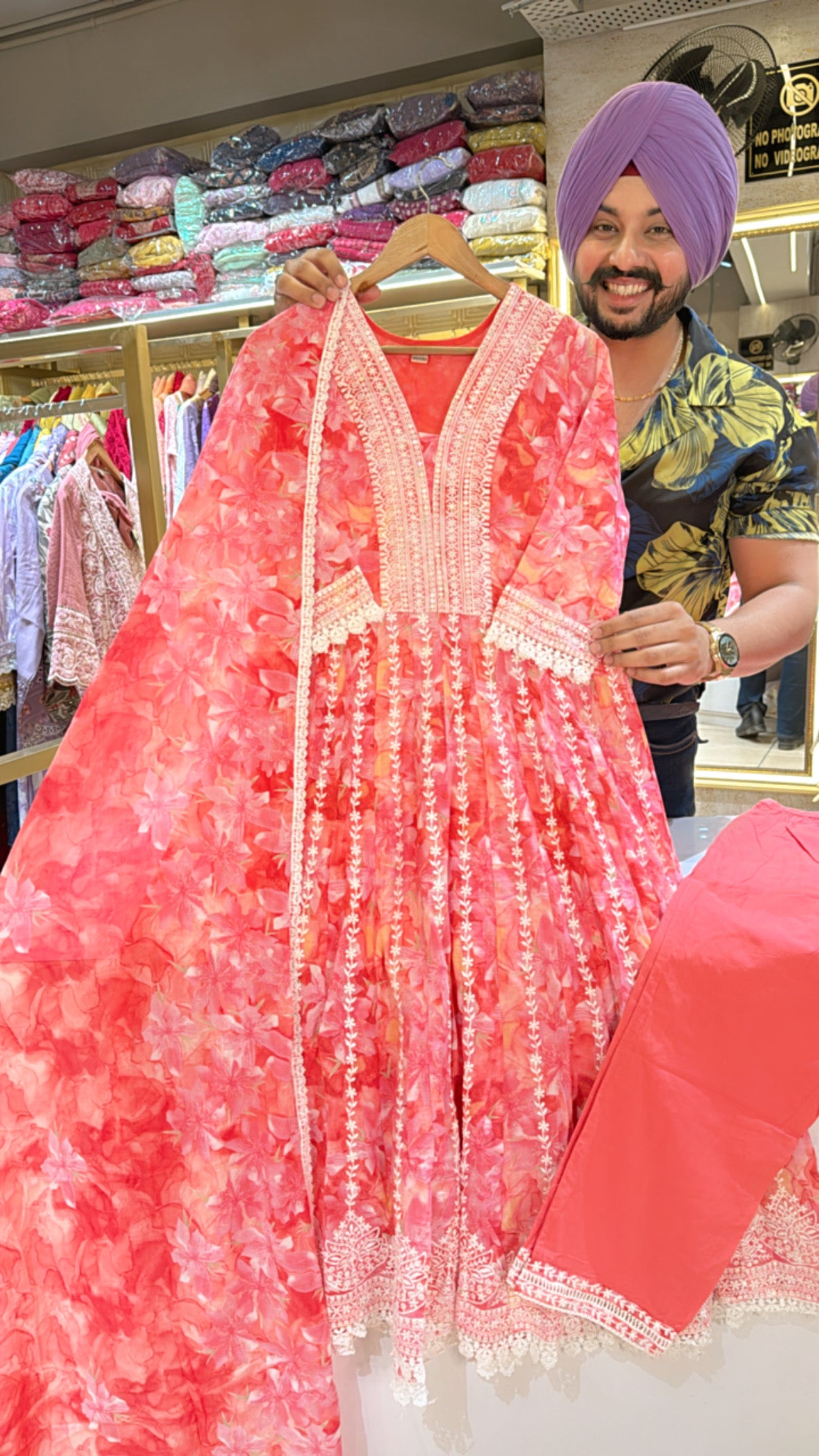 Gajri Pink Pure Mal Cotton Full Flair Floral Print Fully Embroidered A