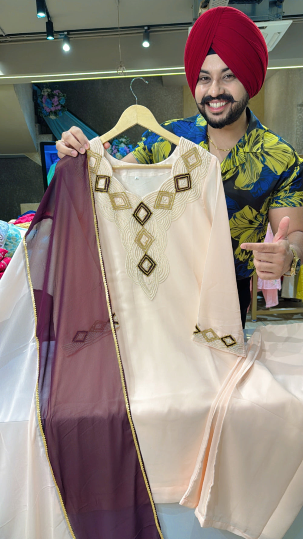 Nude Peach Georgette Indowestern Suit with Beautiful Pearl Hand work o