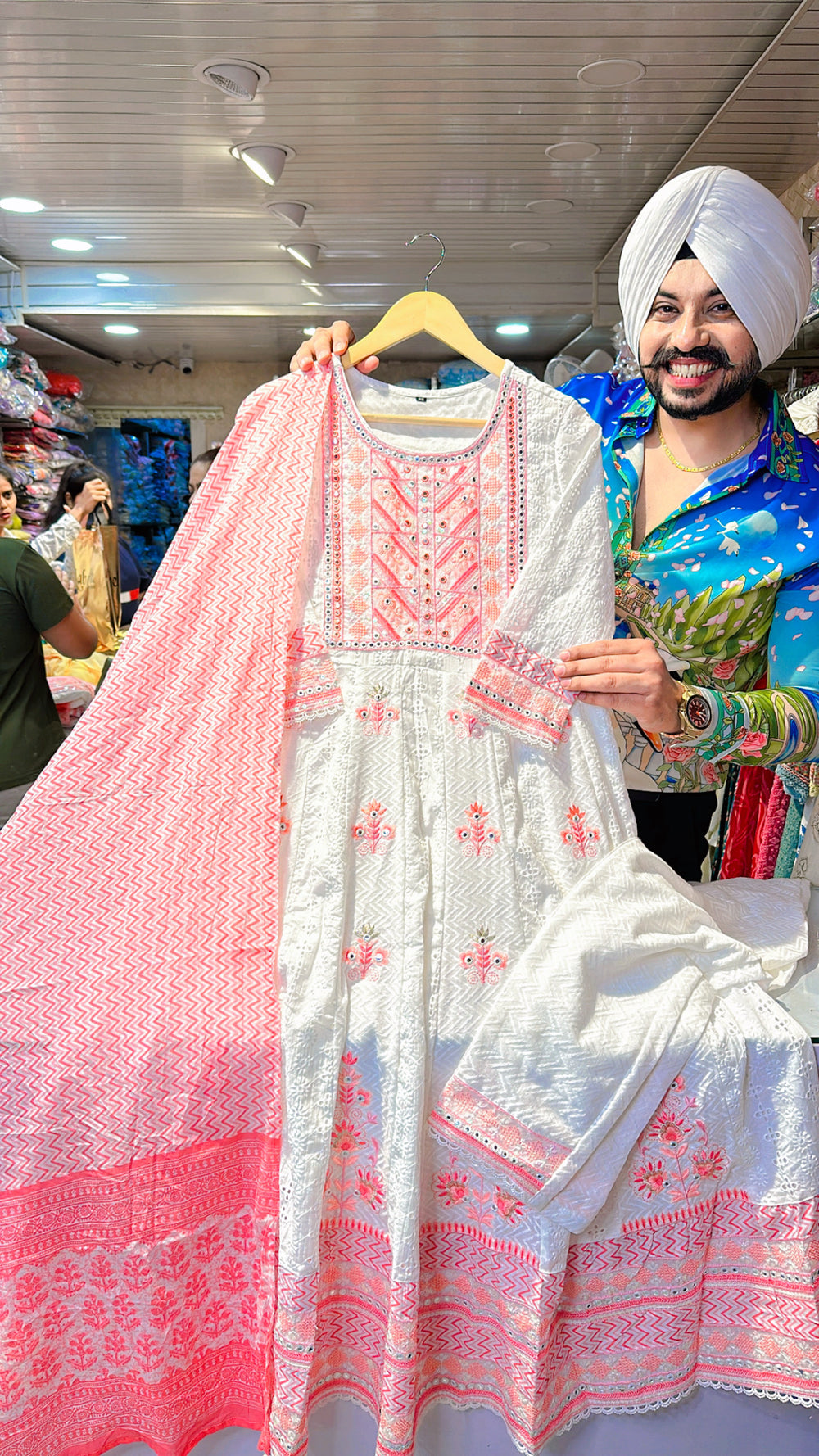Moon White & Pink Pure Cotton Anarkali suit with Beautiful Embroidery