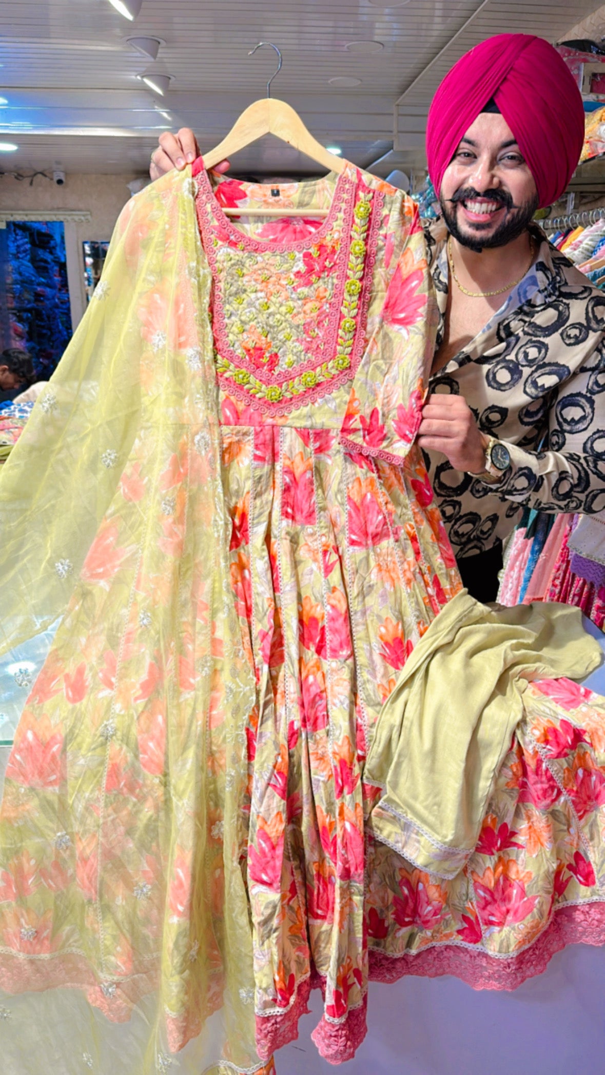 Multi Coloured Pure cotton Full Flair Anarkali suit with Beautiful han