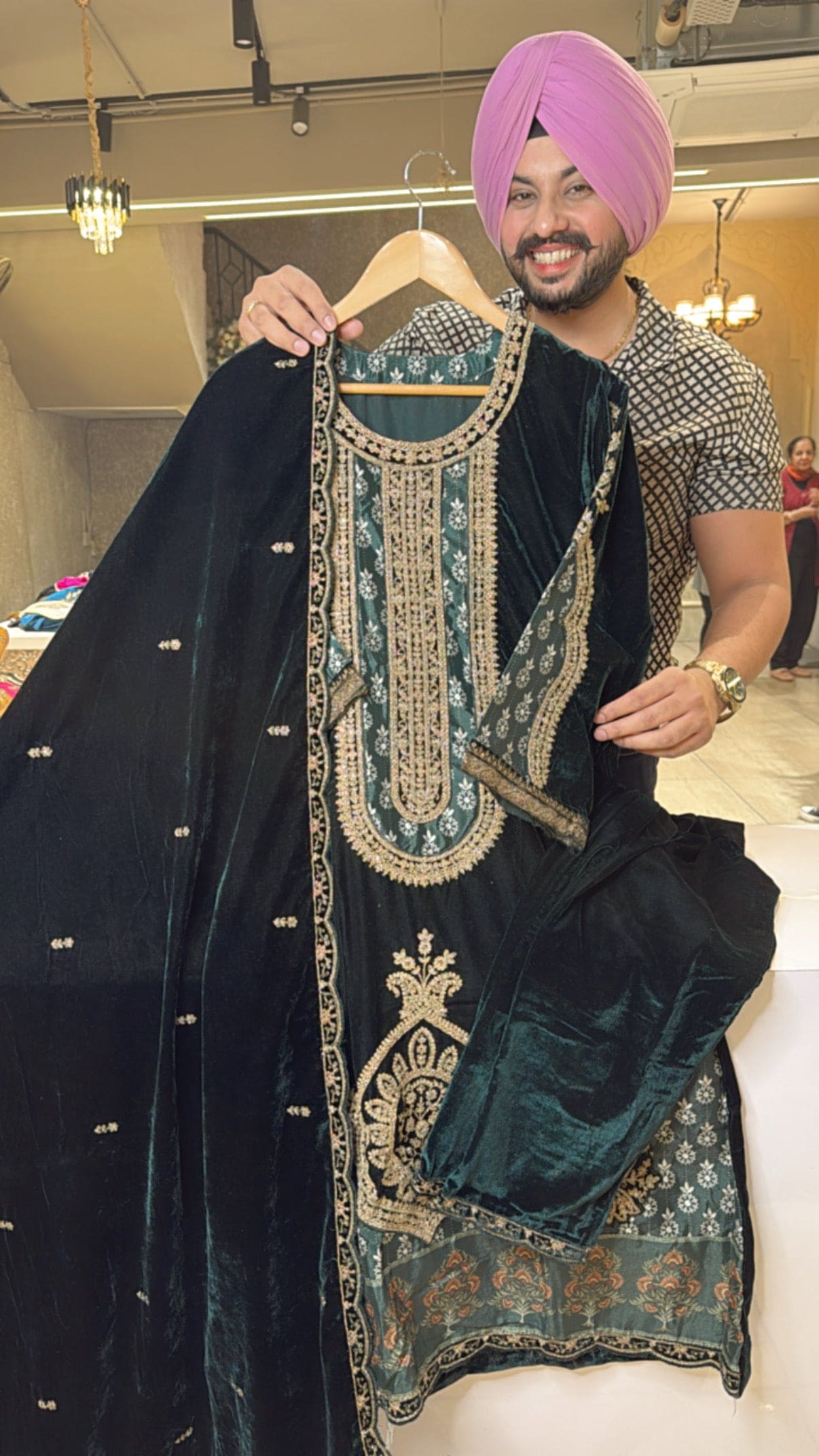 Bottle Green Velvet Embroidered Pakistani Suit with Heavy velvet Duppa