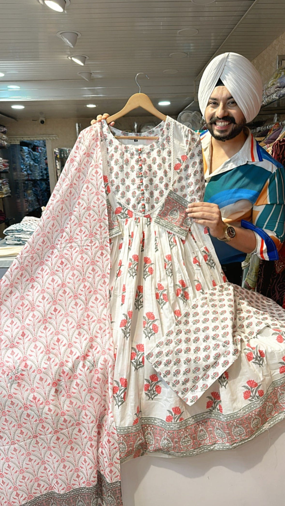 Moon white & Gajri Pure Cotton Anarkali Suit with Full length Duppata