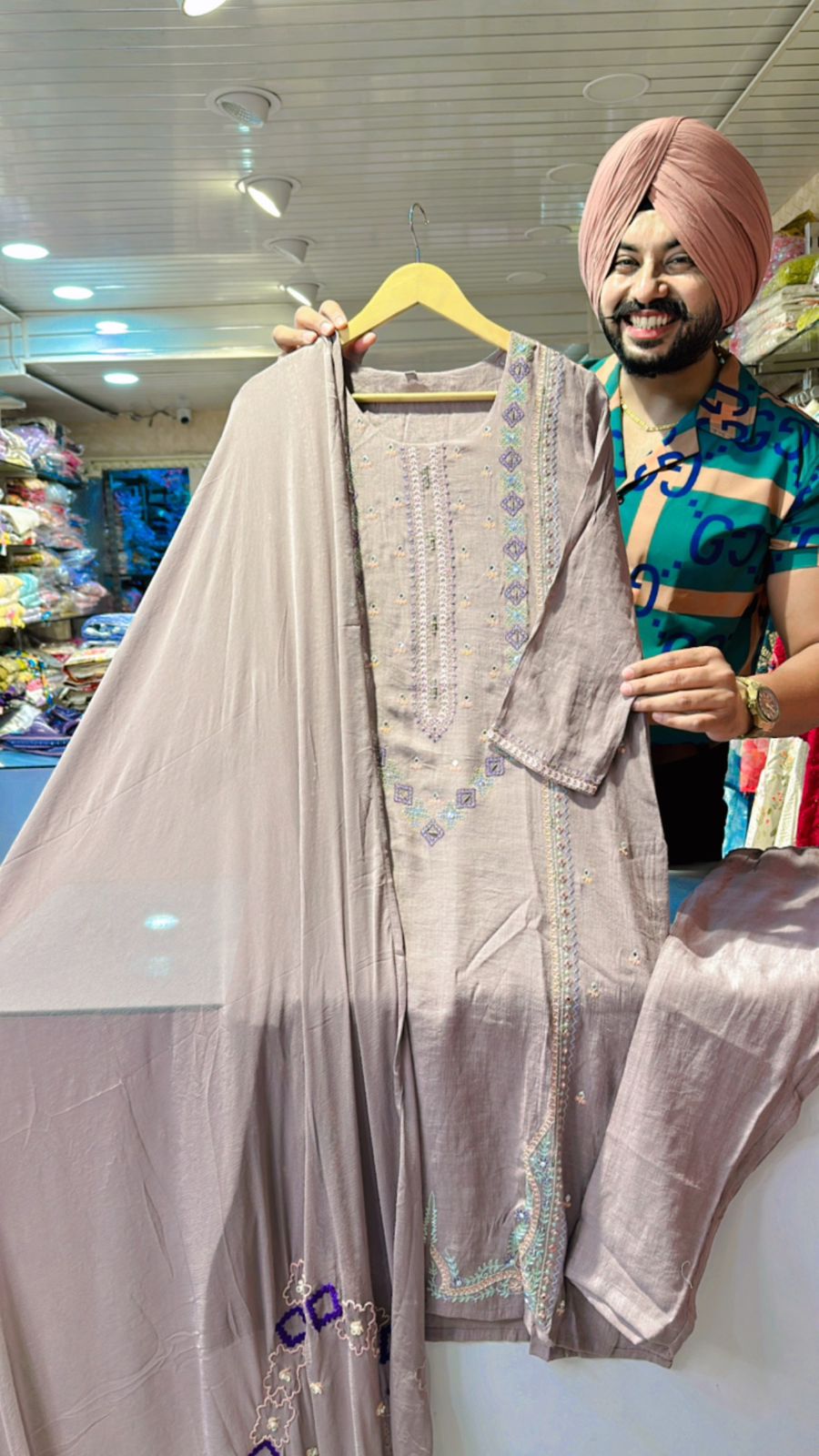 English colour Linen embroidered office wear suit with Beautiful Duppa