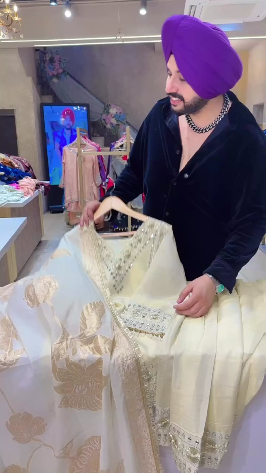 Ivory Colour Shimmer Silk Heavy Gotta Embroidered & Pearl Work Farshi