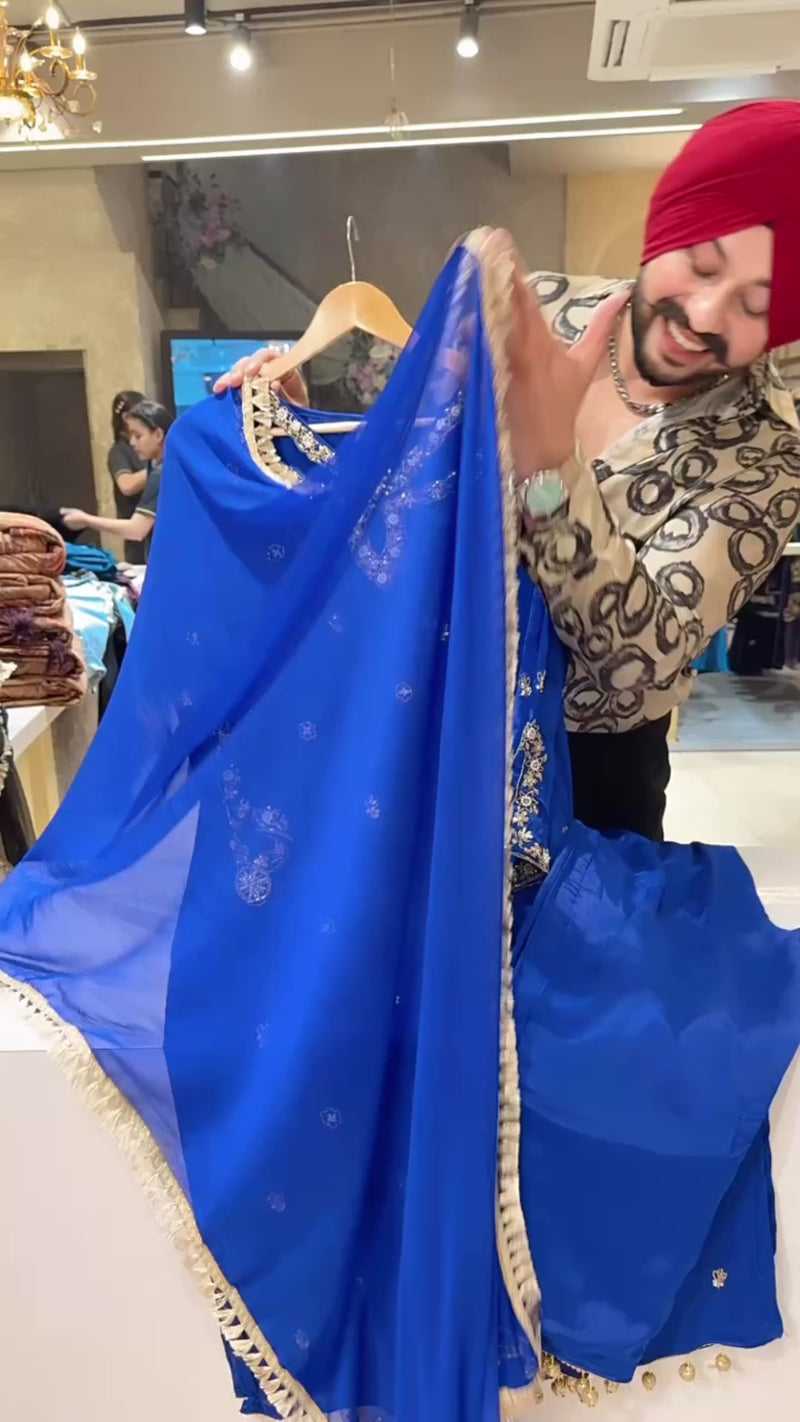 Royal Blue Chinon Heavy Handwork Designer Neck & Ring Straight suit wi