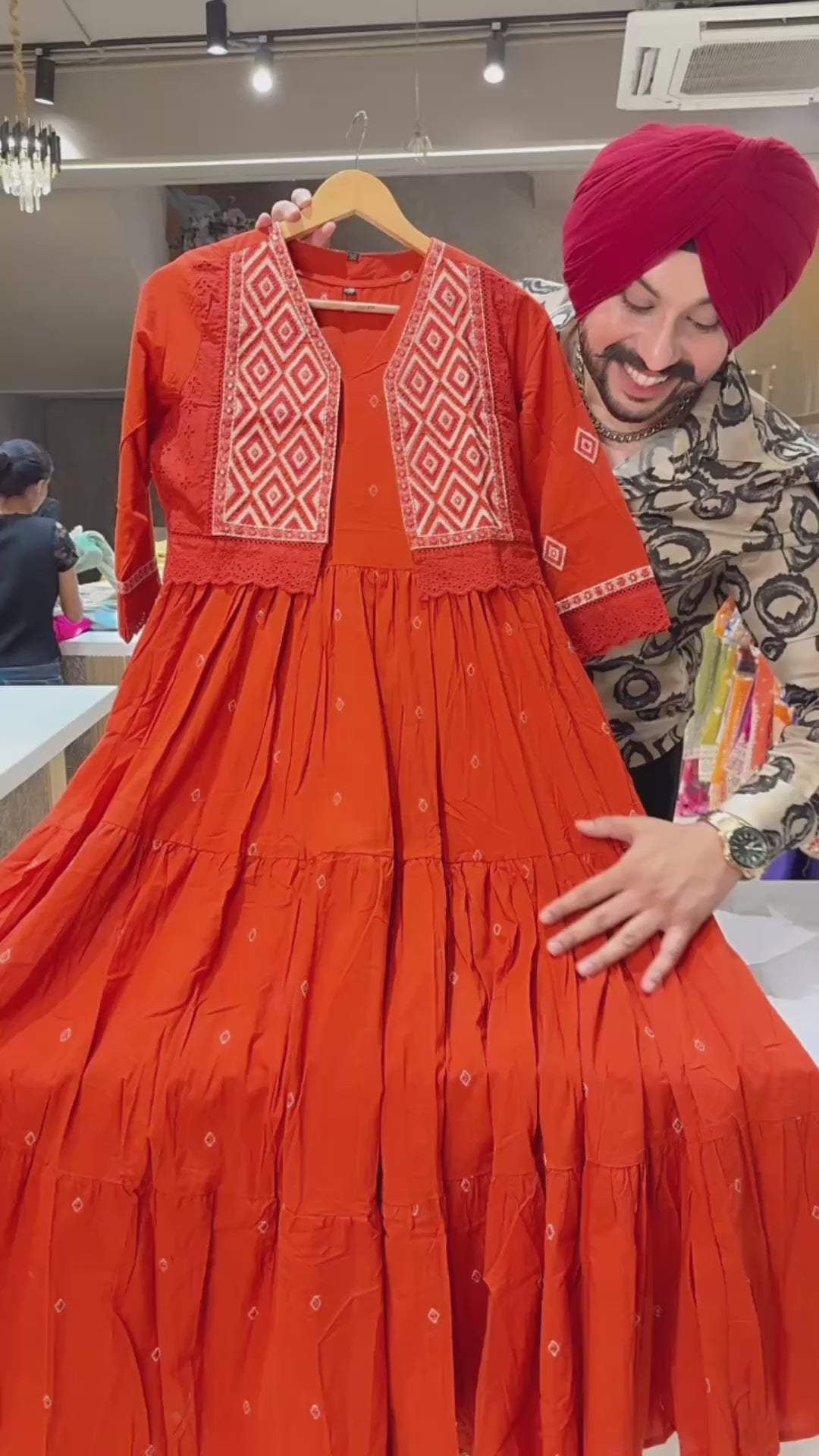 Rust Pure Cotton Full Flair Indo Western Dress with embroidered Short