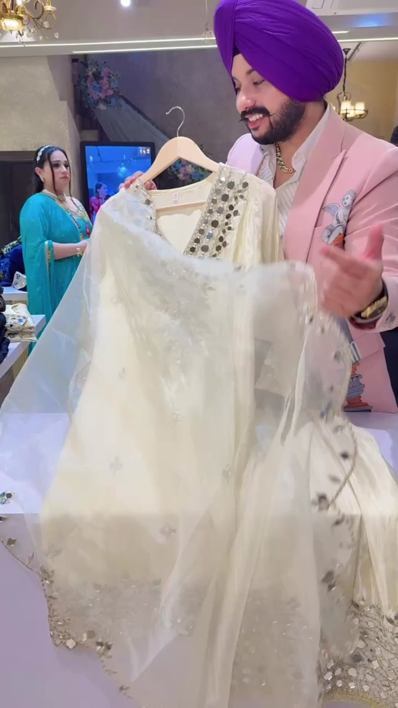 Off white Shimmer Silk Heavy Mirror Work Partywear Straight suit with