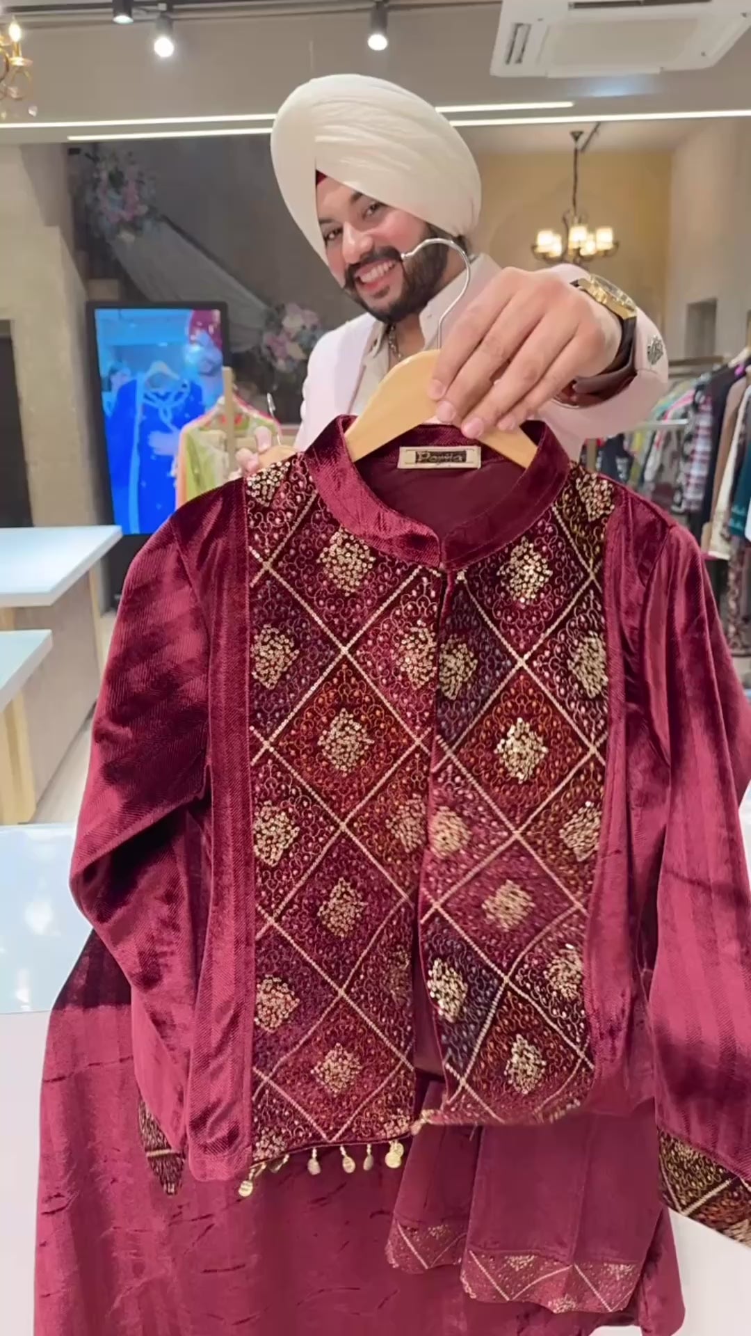 Maroon Velvet long Length A-line Coord set with Heavy embroidered & se