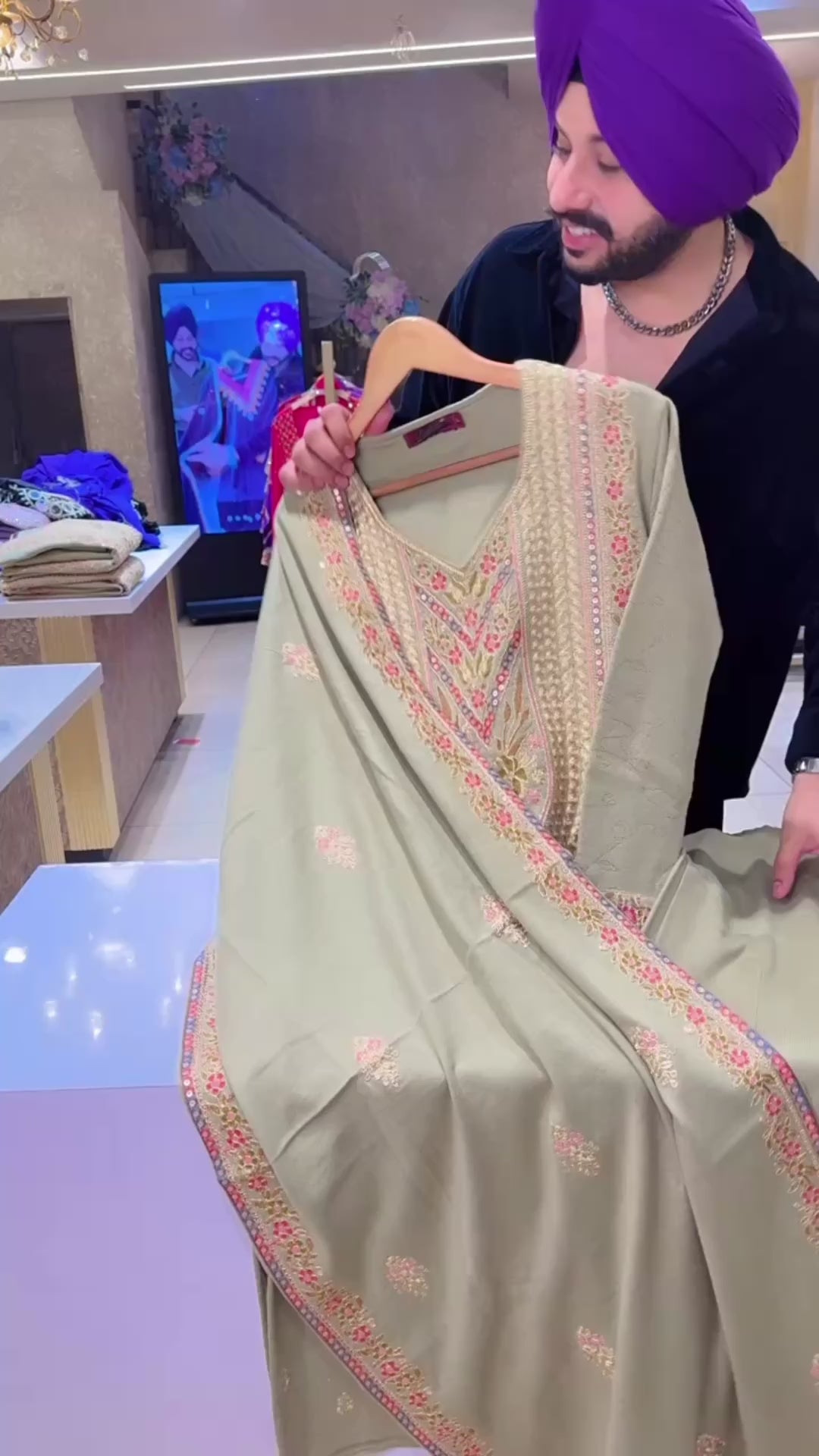 Pastel Green Woolen Heavy embroidered Party wear Straight Suit with Be