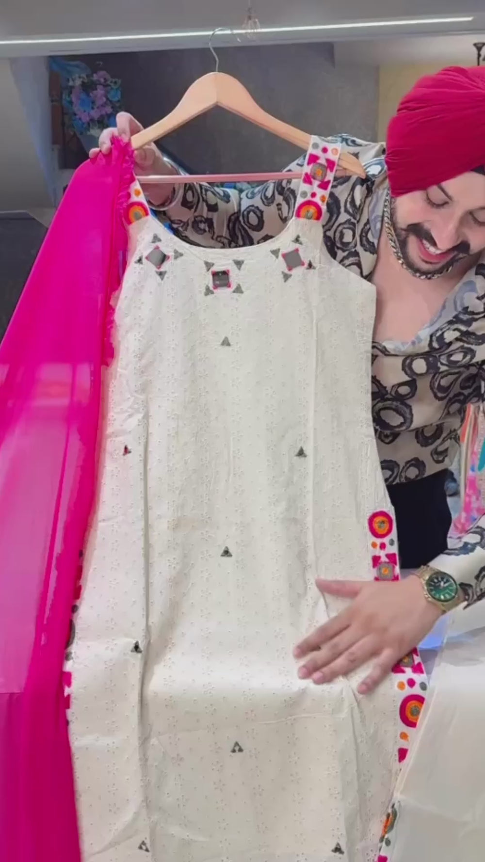 Off White Strap Sleeves Cotton Shifli & Embroidered Girlish Straight S