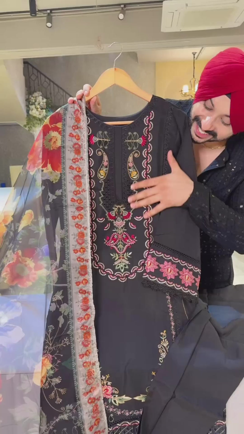 Black Roman Silk Embroidered & Cutwork Pakistani Straight Suit with Fl
