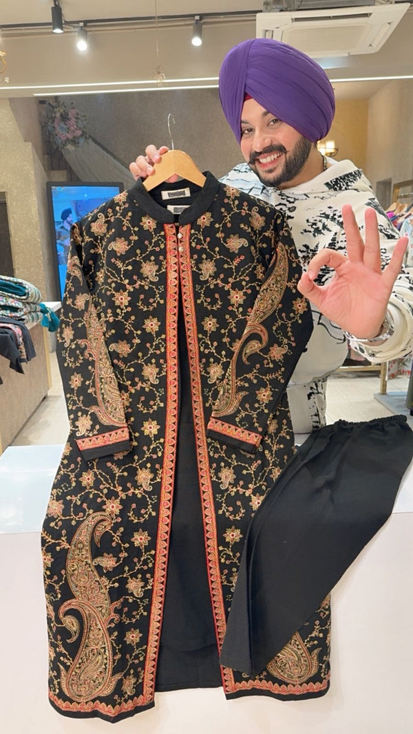 Black Woolen Coord set with Heavy Embroidered Long Length Shrug